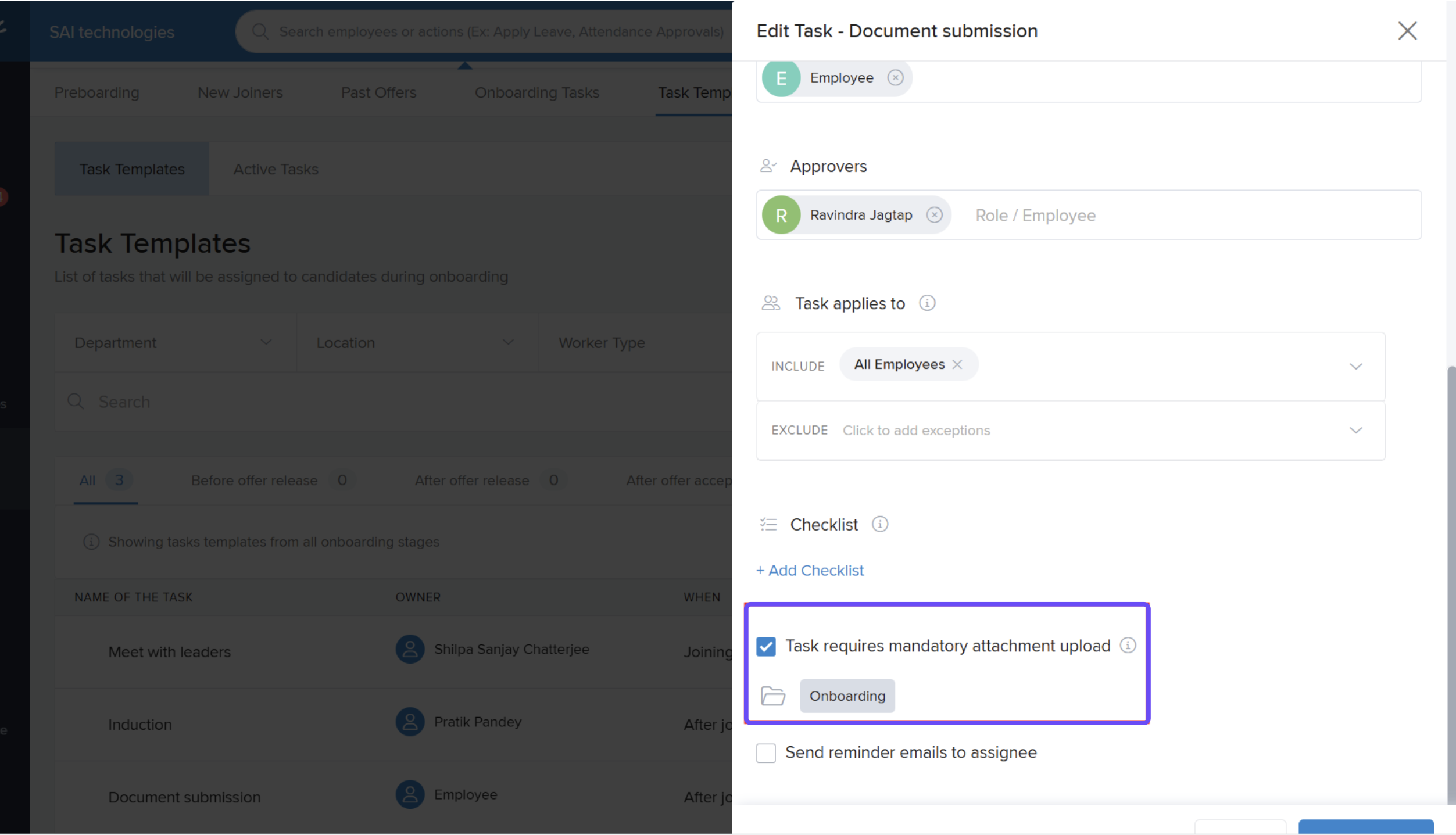 Why is the new joinee not able to add documents while completing an onboarding task? – Home Page