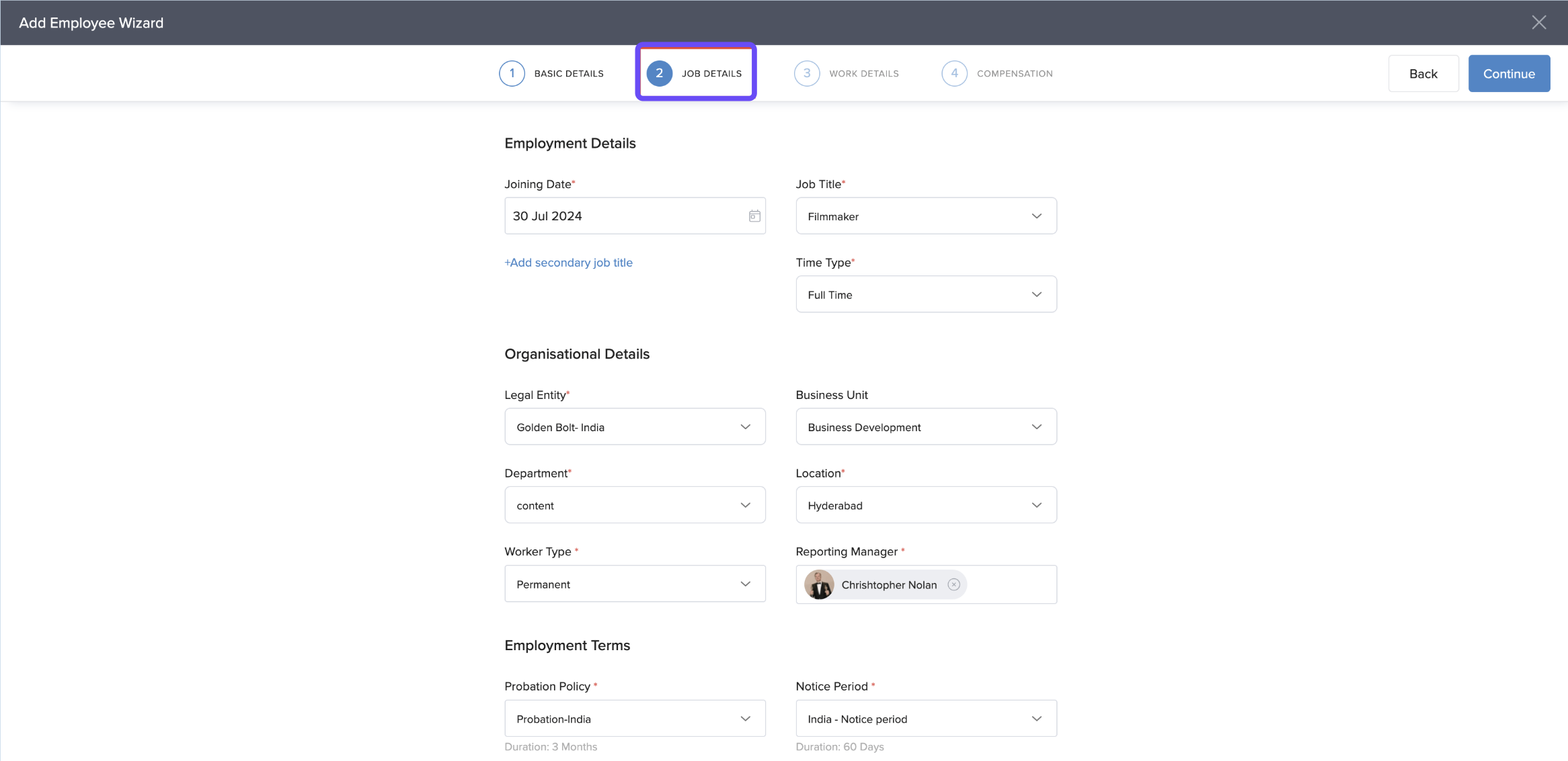 Adding a new employee – Home Page